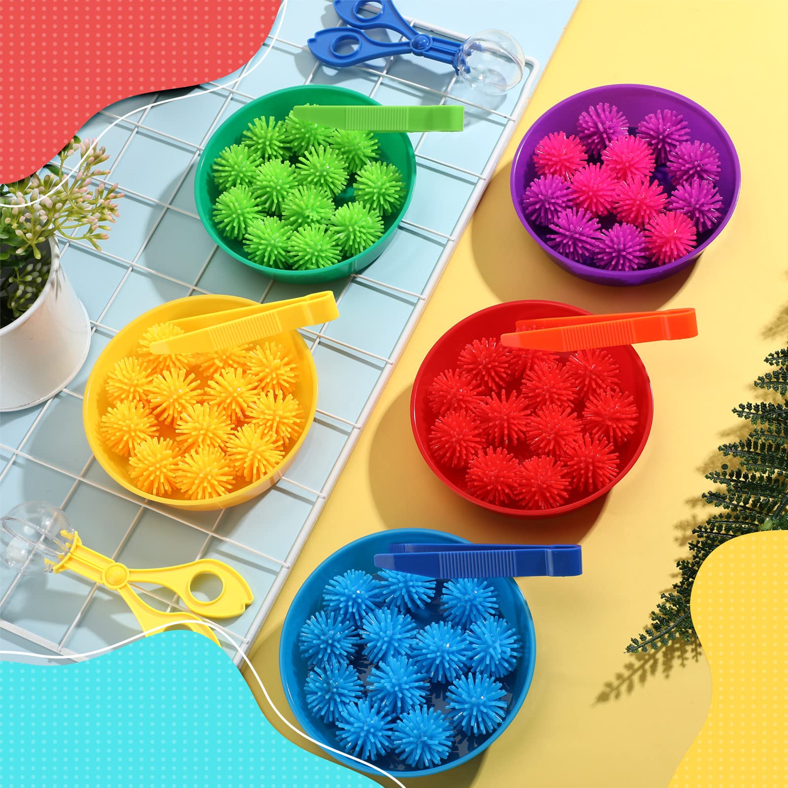 Leitee 71 PCS Fine Motor Toys Counting Sorting Sensory Bin Filler, 60 Hedge Balls 4 Tweezers 2 Scissors Clips 5 Cups for Boys Girls Early Education and Sorting Counting Training Development