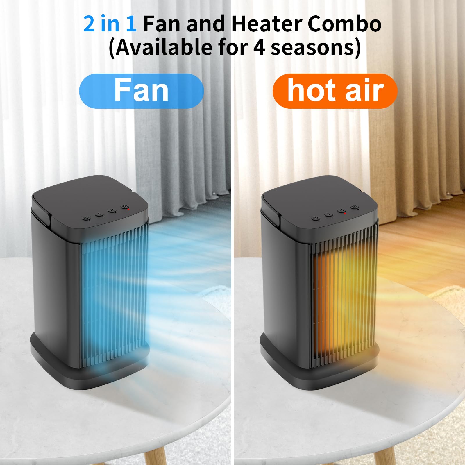 Space Heater and Desktop Cooling Fan Combo,Heater 1000W/1500W for Winter Use, Fan for Spring, Summer and Fall use, Dual Fan Blowing Silent for Office, Study, Desktop, Bedroom,and Other Uses.-Black