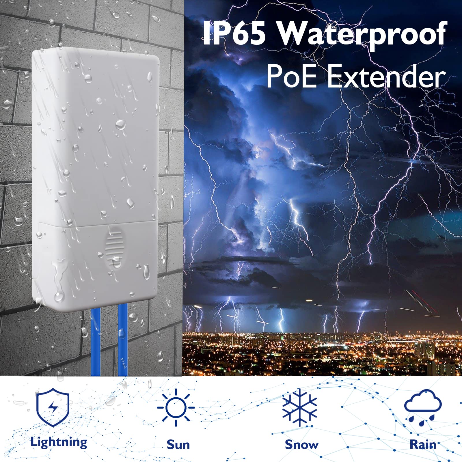 Outdoor 3 Port Passive POE Extender,IP65 Waterproof PoE Repeater,10/100Mbps,2 Channel Ethernet Cat5e/6, IEEE 802.3af/at,PoE Booster, Wall-Mount