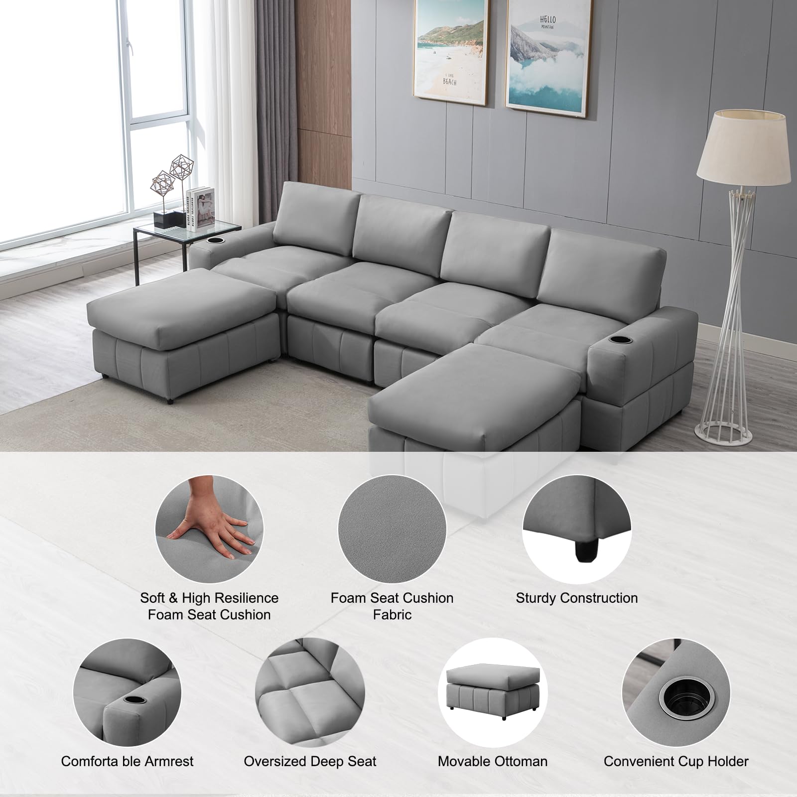 PUREMIND Modular Sectional Sofa, Convertible L Shaped Sectional Couches with Reversible Chaise for Living Room, Suede Leather 6-Seats U Shaped Sofa Sleeper with Cup Holder (Light Grey)