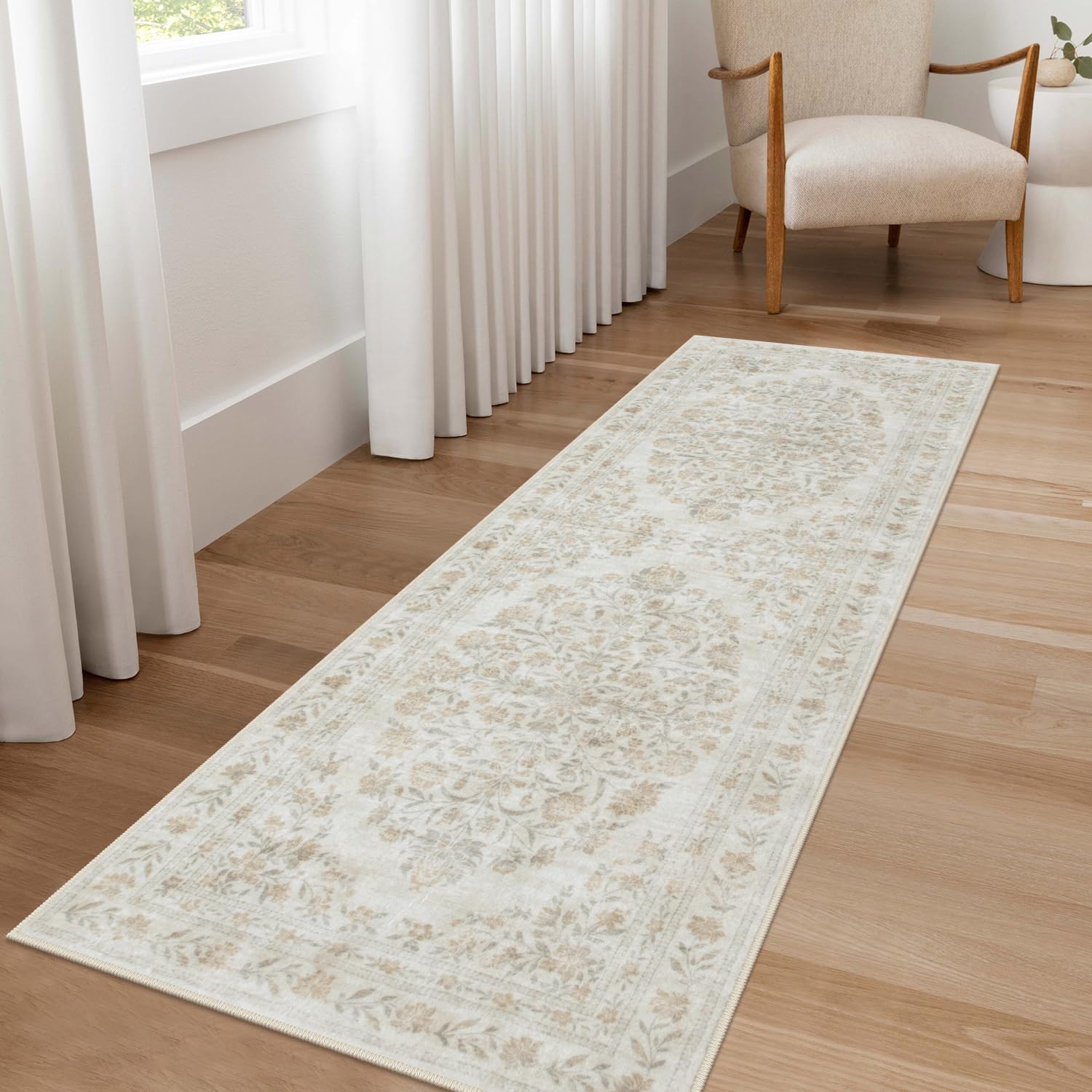 Uphome 2x6 Runner Rug, Boho Washable Rug for Bedroom, Vintage Soft Non-Slip Laundry Room Rug, Medallion Floral Low-Pile Indoor Rug for Bathroom Kitchen Entryway, Beige