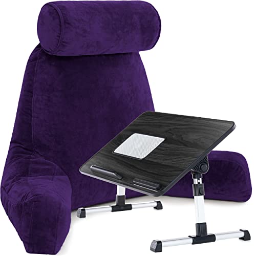 Husband Pillow Combo - Backrest Pillow with Arms : XXL Purple & Lap Desk Bed Tray : Grey - Memory Foam Reading Pillows for Bed w/Removable Neck Roll & Laptop Bed Tray Table