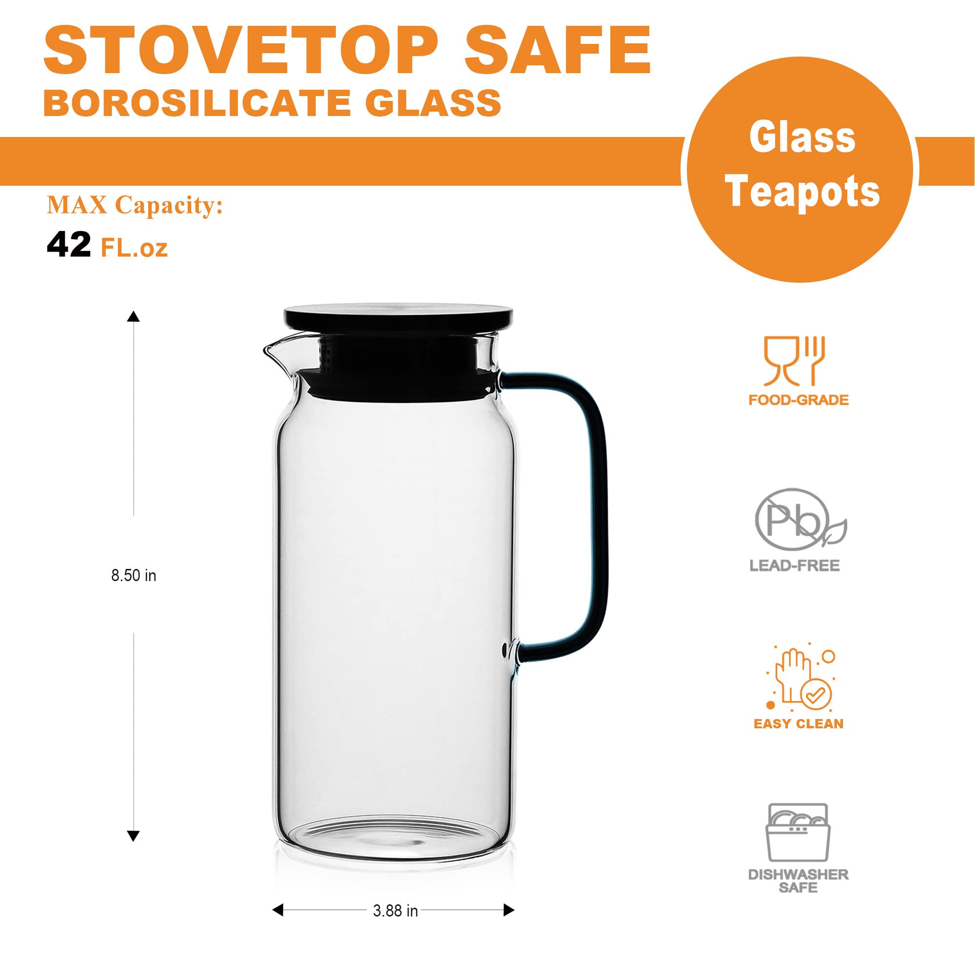 LUXU 42oz Glass Pitcher Set,Contain a 42oz Glass Pitcher and 4 coffee mugs with Dark Green Handle,Premium Kettle set for Daily Use,Pretty Teapot Idea For Tea Lovers