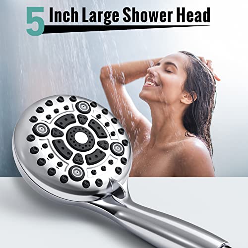 Shower Head, SR SUN RISE 6-Settings 5" High Pressure Handheld Shower Head Set with 2.45 Meter/96 Inch/ 8 FT Long Shower Hose and Shower Arm Mount with Brass Ball Joint,Chrome