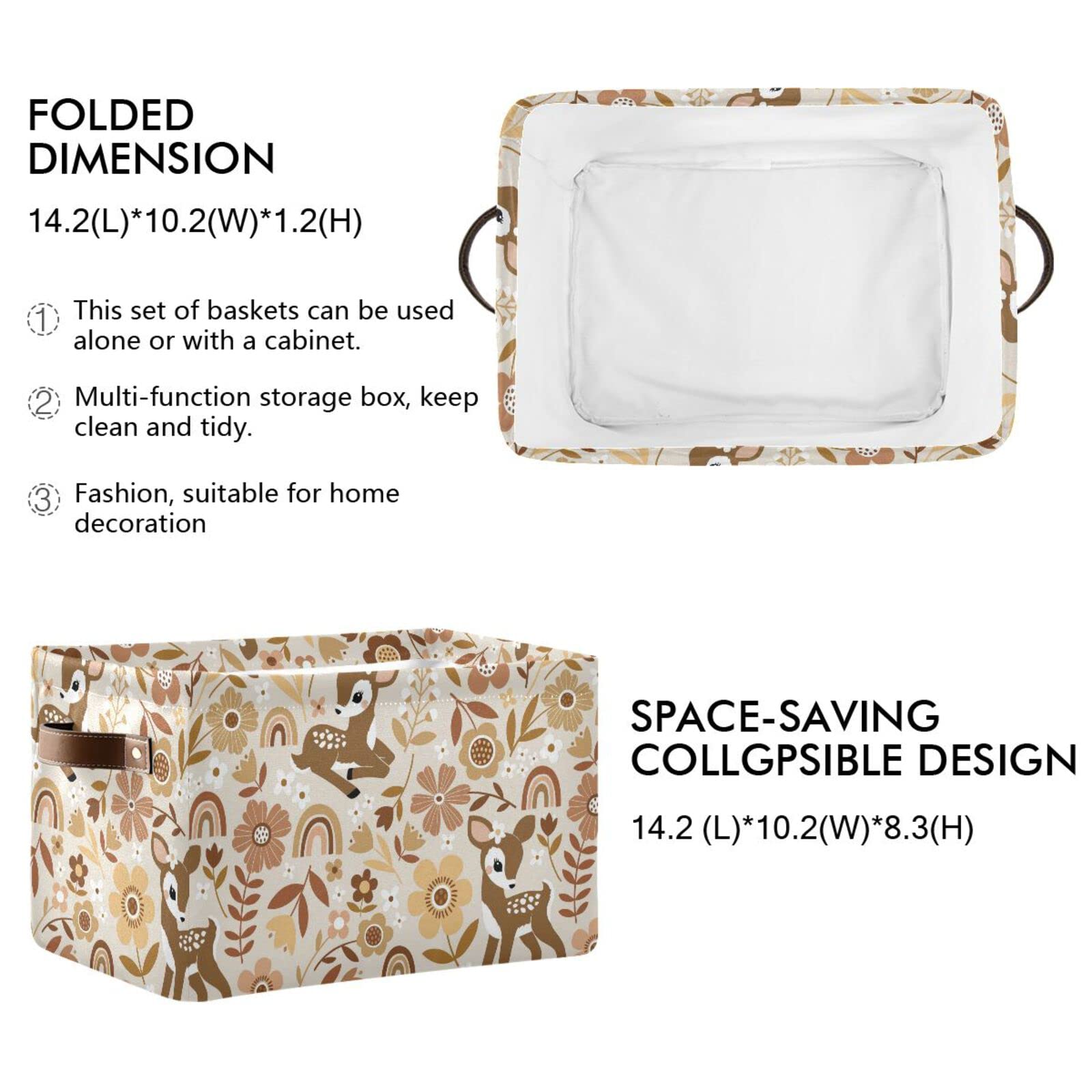 Kigai Cute Fawn Square Storage Basket, Portable Leather Storage Basket for Office, Furniture, 14.2 L x 10.2 W x 8.3 H In (2 Sets).