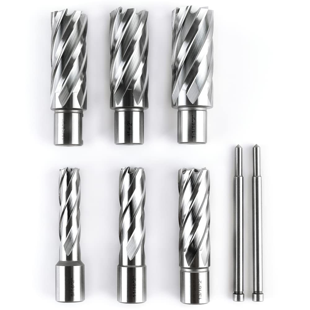 OSCARBIDE Annular Cutter Set 8 Pieces, 3/4"Weldon Shank,2"Cutting Depth,(9/16,11/16,13/16,15/16,1,1-1/16) inch Cutting Diameter,Mag Drill Bits for Magnetic Drill Press with 2pcs Pilot Pins