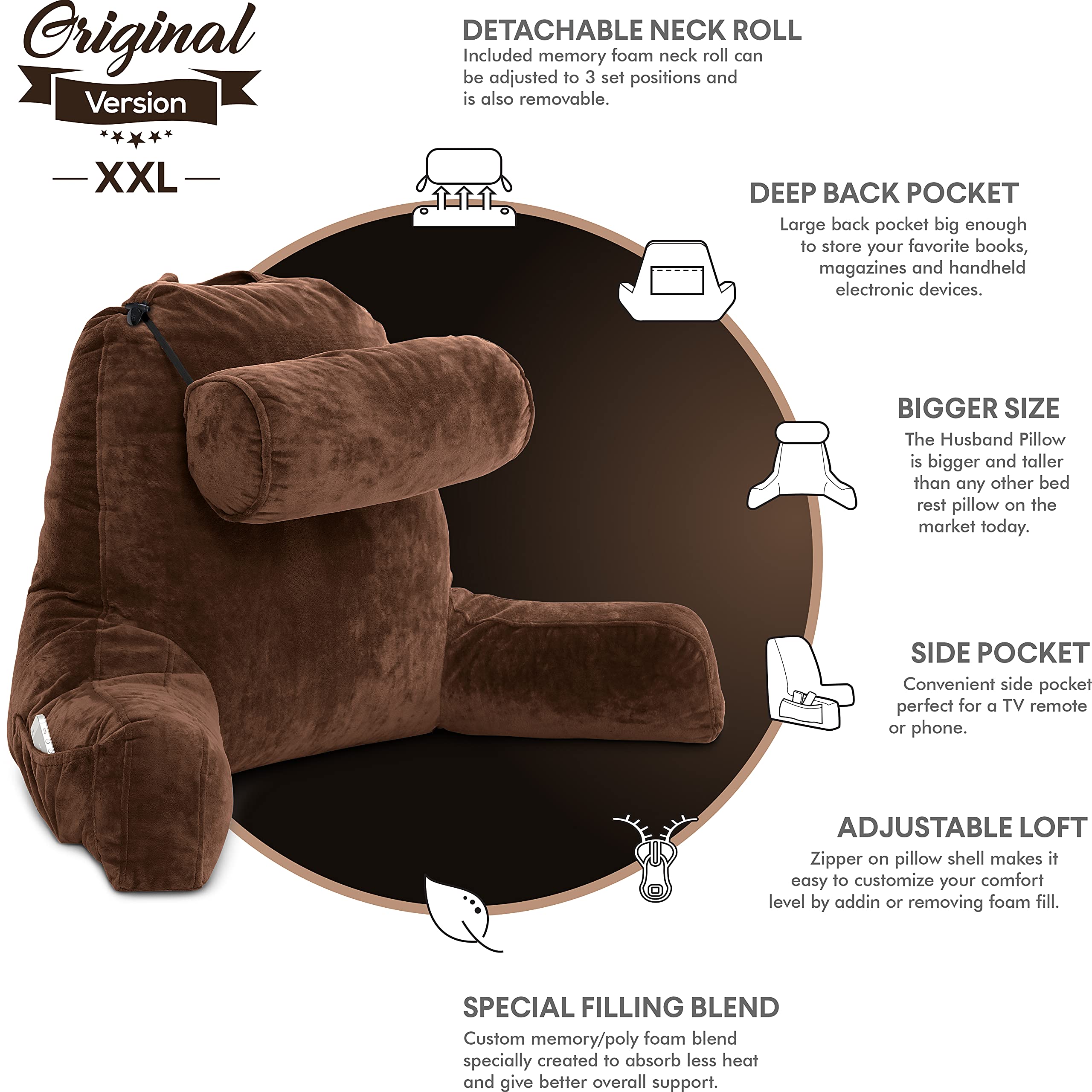 Husband Pillow Combo - Backrest Pillow with Arms : XXL Chocolate & Lap Desk Bed Tray : Grey - Memory Foam Reading Pillows for Bed w/Removable Neck Roll & Laptop Bed Tray Table