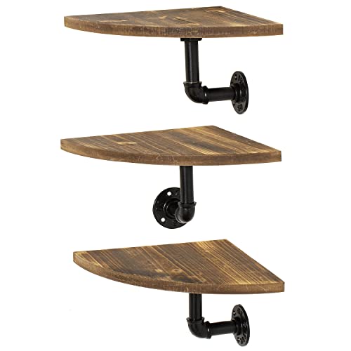 MyGift Wall Mounted Floating Corner Shelves, Rustic Burnt Solid Wood Rounded Corner Shelf with Black Metal Pipe Mounting Brackets, Set of 3