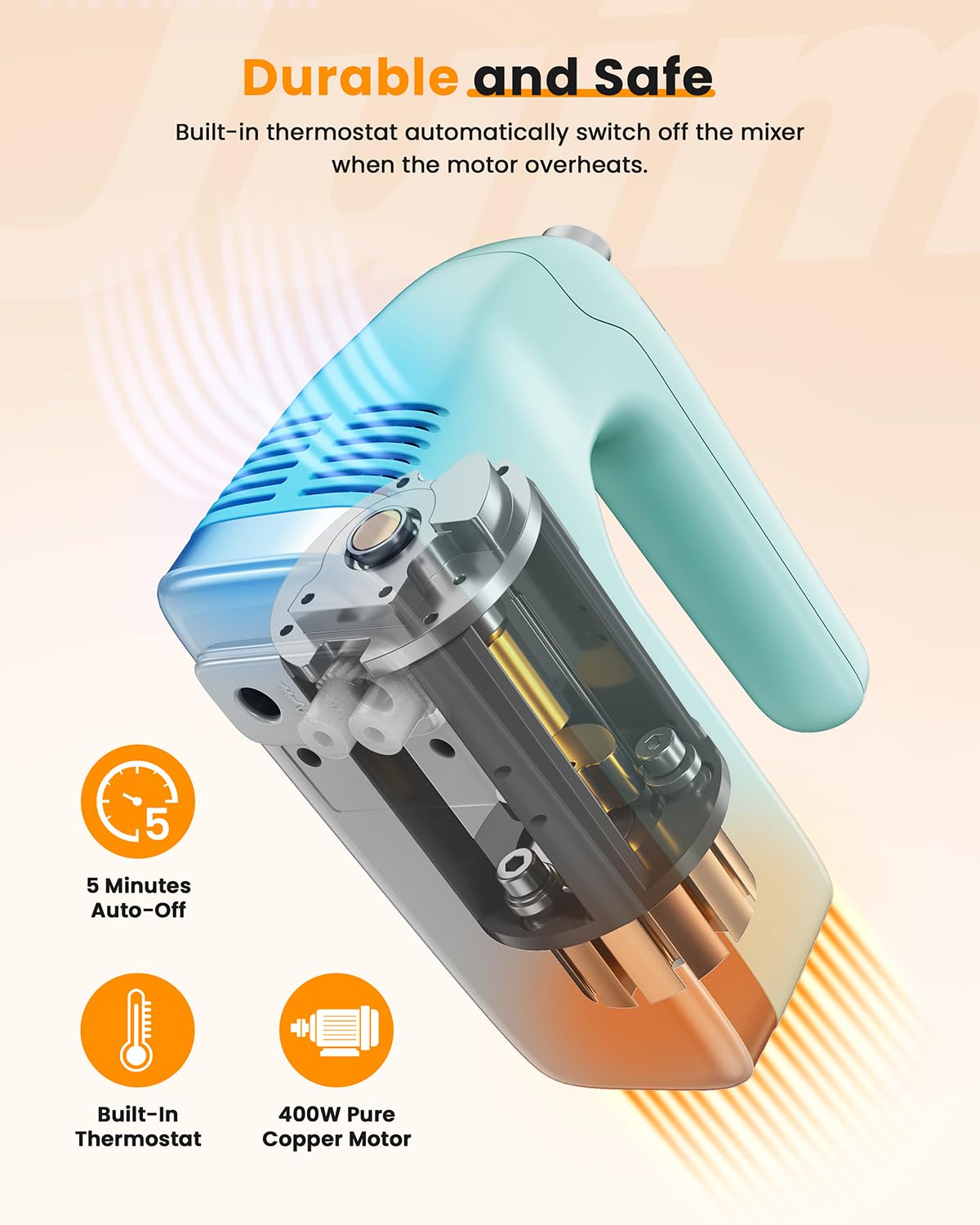 Juimma Hand Mixer Electric Handheld, 9-Speed 400W Kitchen Food Mixer with Digital Display and Touch Button, 5 Min Timer, Storage Case, 6 Stainless Steel Accessories, for Eggs Cream Cake Dough, Mint