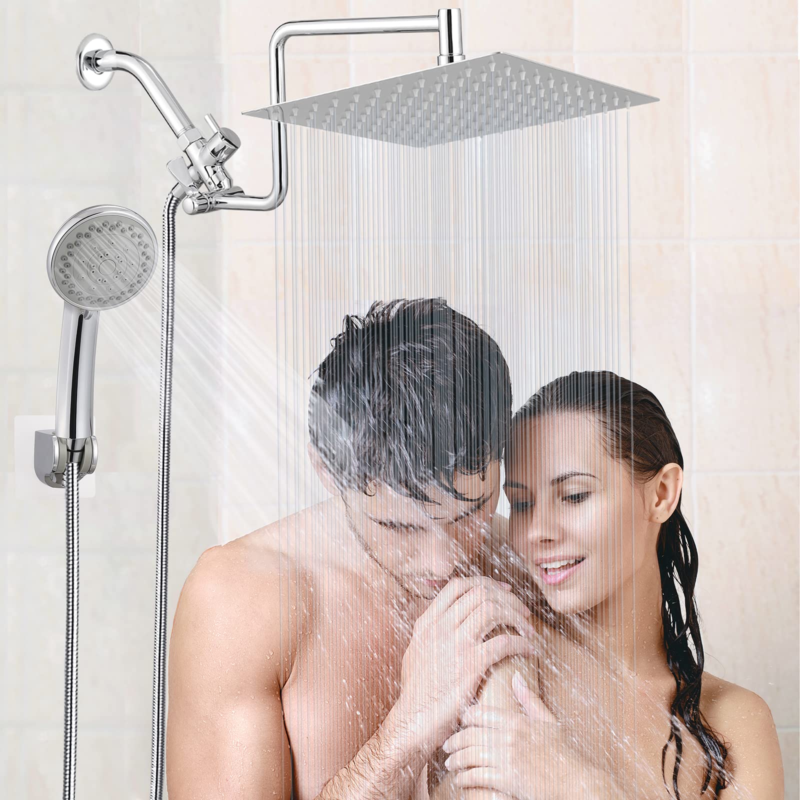 Nuodan Dual Shower Head, 10'' High Pressure Rain Shower Head / 5 Spray Handheld Showerhead Combo with 14'' Adjustable Shower Extension Arm, Hose and Adhesive Shower Holder (Chrome)