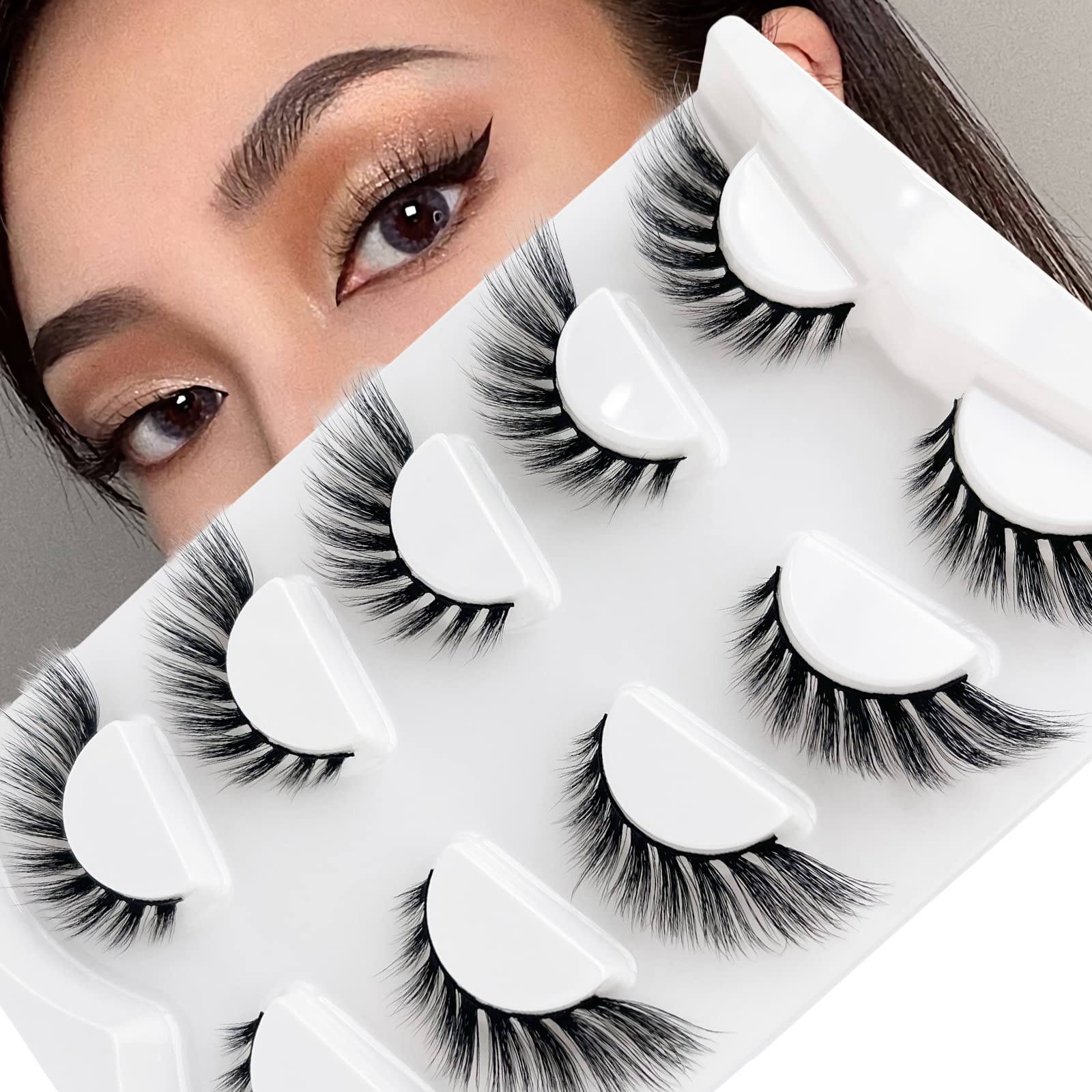 outopen 5 Pairs Fox Eye Lashes 17mm Winged Angel Lashes Fluffy Dramatic Faux Mink Eyelashes Cat Eye False Eyelashes Lift Effect Fake Eye Lashes (A1-Angel Wings D489)