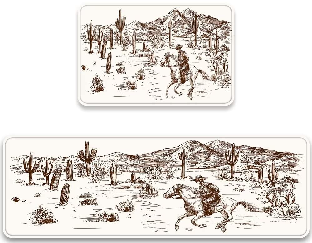 Kitchen Rug Set of 2 Western Country Theme of American Wild West Desert Cowboy Comfort Standing Mat Chef Floor Mats Washable Doormat Anti Fatigue Non-Slip Kitchen Runner Rugs Bedroom Area Carpet