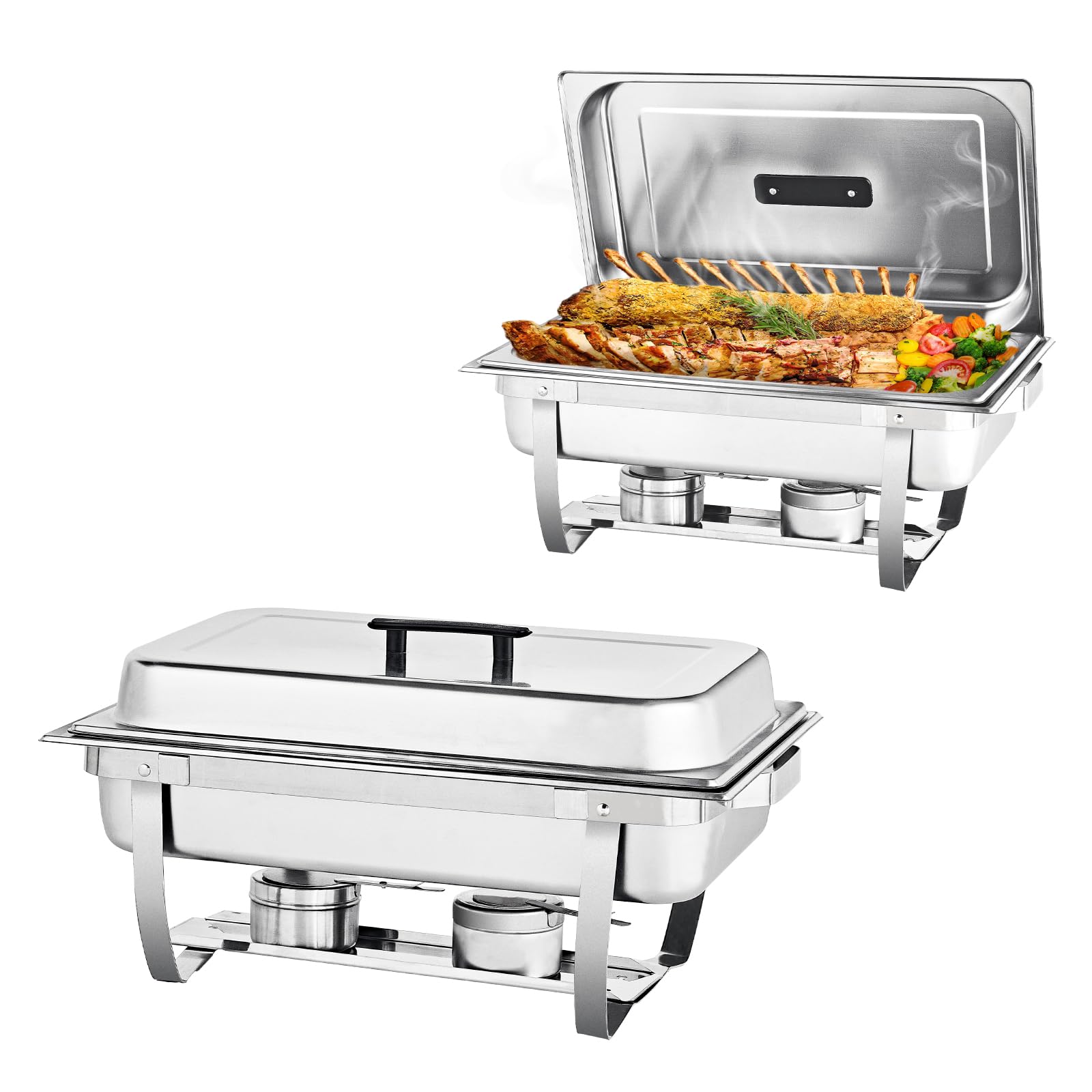 ROOMARK 2 Pack 8QT Chafing Dish Buffet Set Stainless Steel Chafer Rectangular Catering Warmer Set with Trays Pan Lid Folding Stand for Catering Party, Wedding, Birthday, Baby Shower, Outdoor Picnic