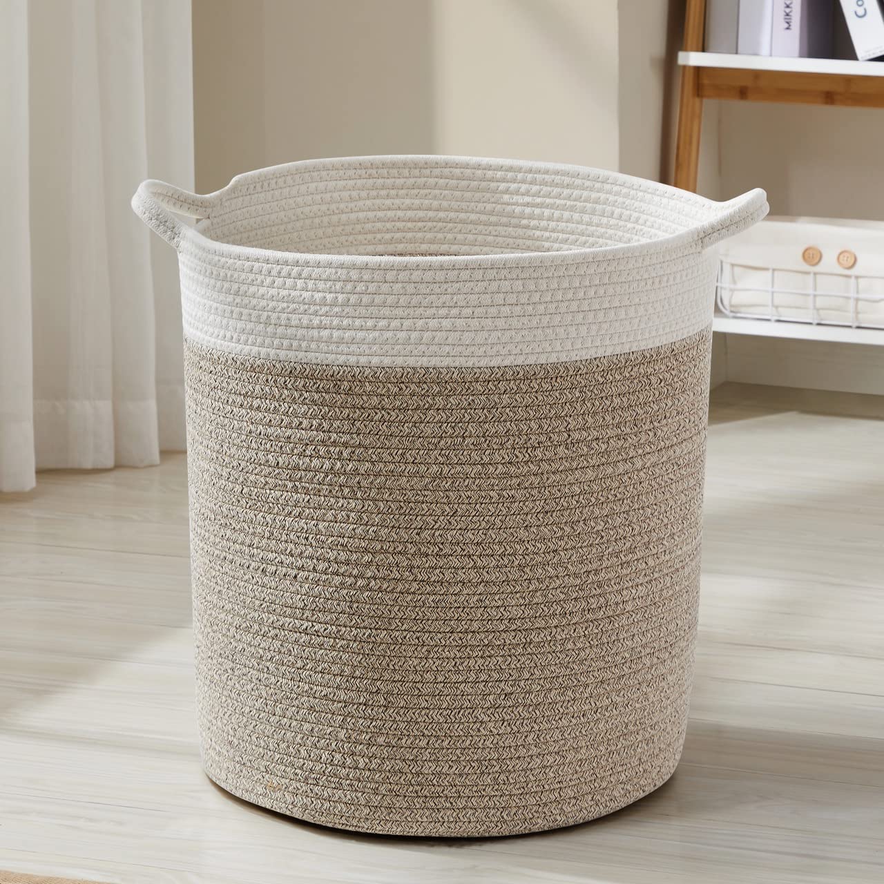Organizix Large Cotton Rope Laundry Hamper Woven Basket with Handles, Storage Basket for Toys, Blanket, Throws, Pillows and Towels - 18 x 16, White/Beige
