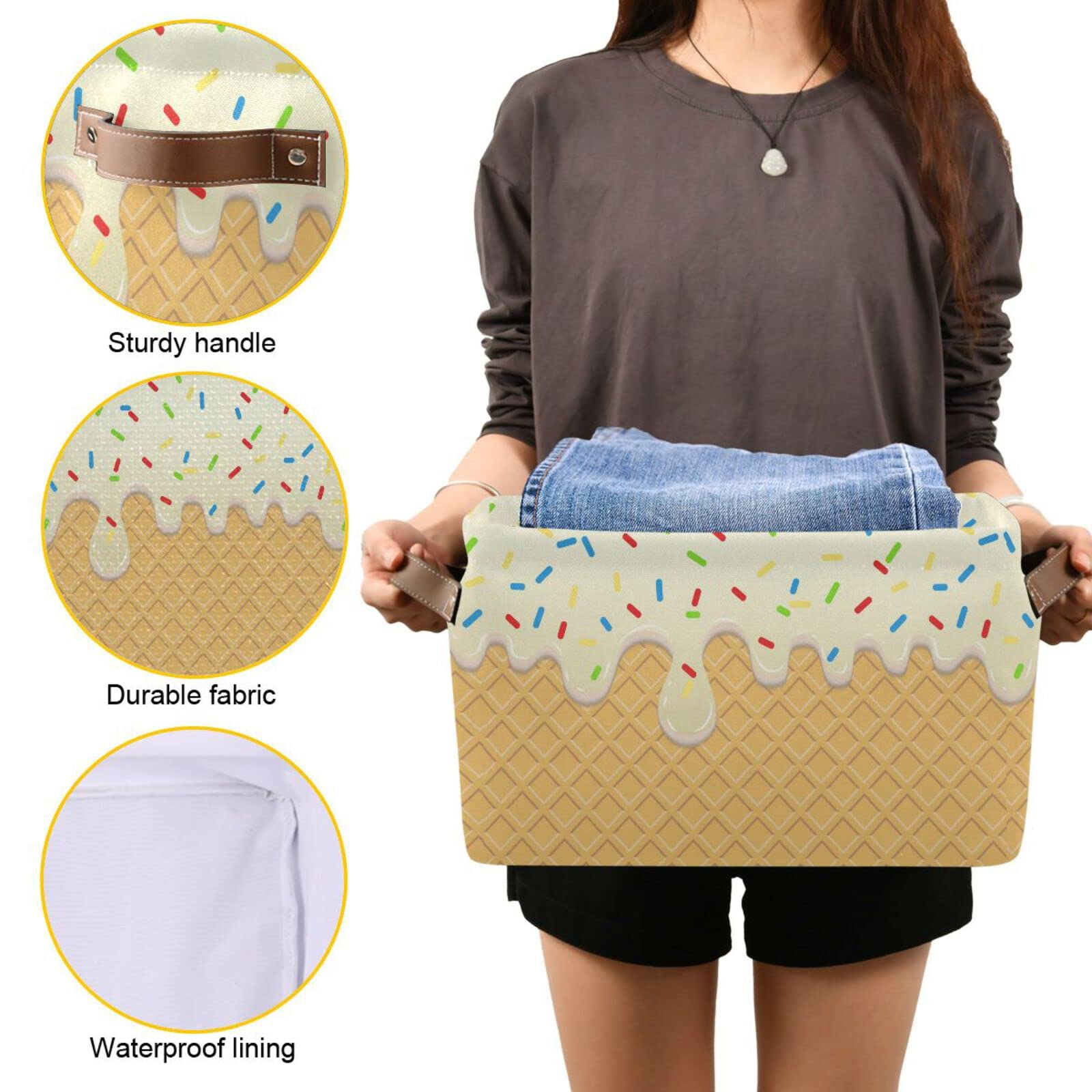 Kigai Ice Cream Texture Storage Bins for Shelves, Storage Basket with Double Handle, Foldable Storage Cubes with Metal Frame, Rectangular Closet Organizer Containers for Home Bedroom