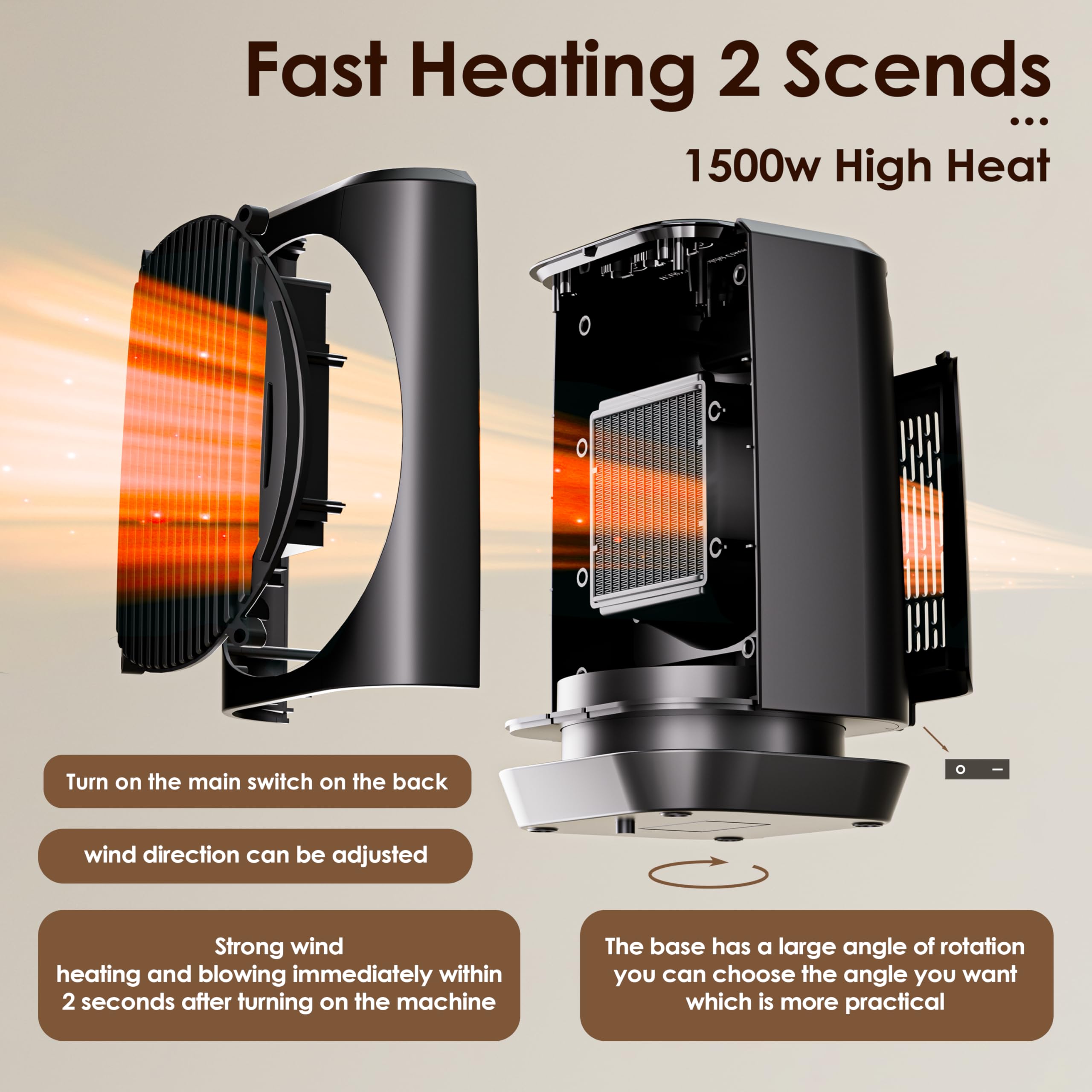 Space Heaters for Indoor Use, Portable Electric Heater with Thermostat,Remote, 2s Fast Heating, 3 Modes, 70°Oscillation, 1500W PTC Ceramic Desk Heater with Heating and Fan Modes for Office Bedroom Use