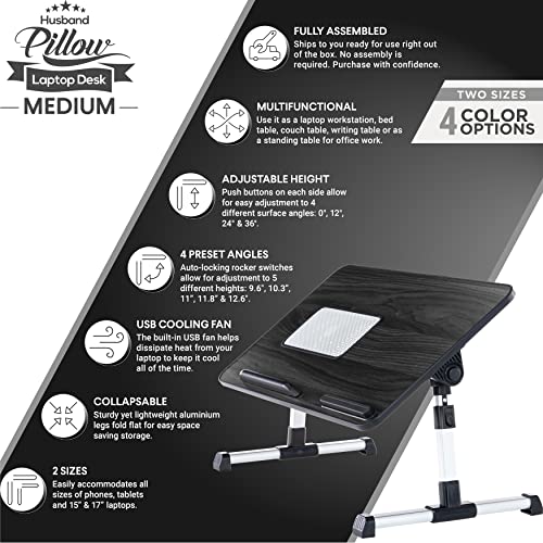 Husband Pillow Combo - Backrest Pillow with Arms : Standard Black & Lap Desk Bed Tray : Grey - Memory Foam Reading Pillows for Bed & Laptop Bed Tray Table
