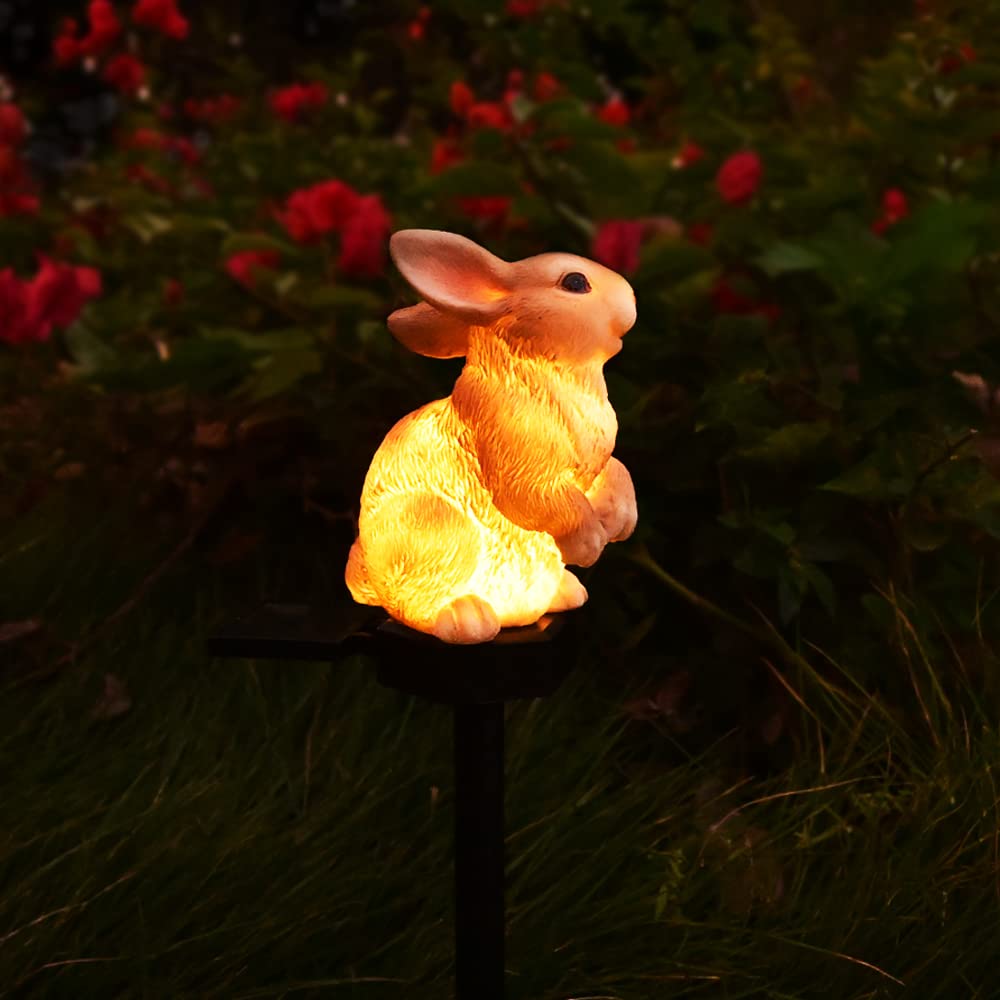 Juliahestia Rabbit Garden Ornaments Bunny Decor Solar Outdoor Statue Animal Lawn Yard Decorations Outside Stake Waterproof Patio Cute Brown Hare Figurines Light Gifts