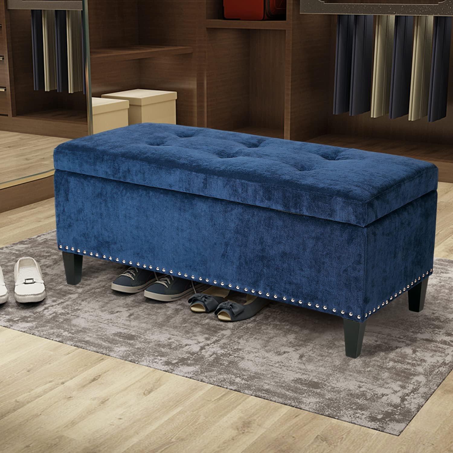 Joveco Storage Ottoman Bench Microfiber Rectangular Button Tufted Footstool Storage Room Organizer (Dark Royal Blue)