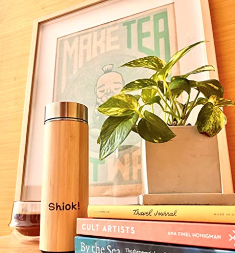 Shiok! Premium Bamboo Tea Tumbler with Strainer. 12 Oz Capacity Stainless Steel Thermos. Durable Double Walled Vacuum Insulated Travel Mug with filter- Keeps Hot & Cold up to 12hrs