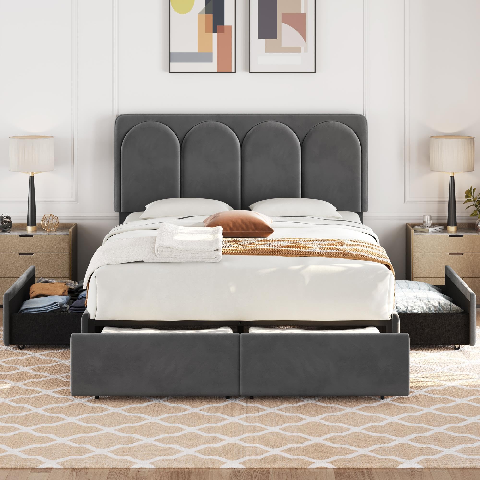 Yaheetech Queen Bed Frame Upholstered Platform Bed with 4 Drawers Storage and Adjustable Headboard,Arch Channel Tufted Headboard,Sturdy Wood Slat Support,No Box Spring Needed,Dark Gray Queen Bed