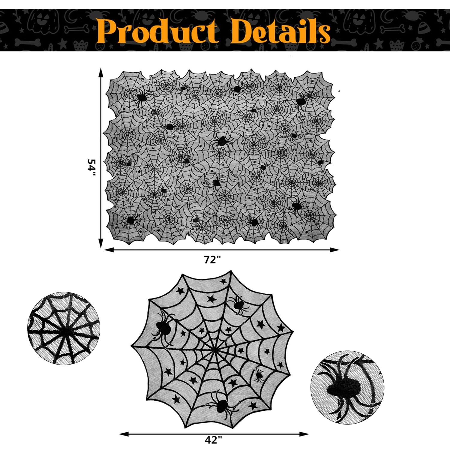 Korlon Halloween Tablecloth, 2 Pcs Halloween Decorations Indoor Spider Web Table Cloth, 54βx 72β Rectangular & 42β Round Black Lace Tablecloth Cover for Halloween Home Party Kitchen Table Decor