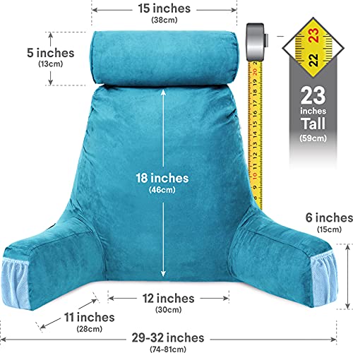 Husband Pillow Combo - Backrest Pillow with Arms : Medium Rodeo Blue & Lap Desk Bed Tray : XXL Grey - Aspen Memory Foam Reading Pillows for Bed w/Removable Neck Roll & Laptop Bed Tray Table