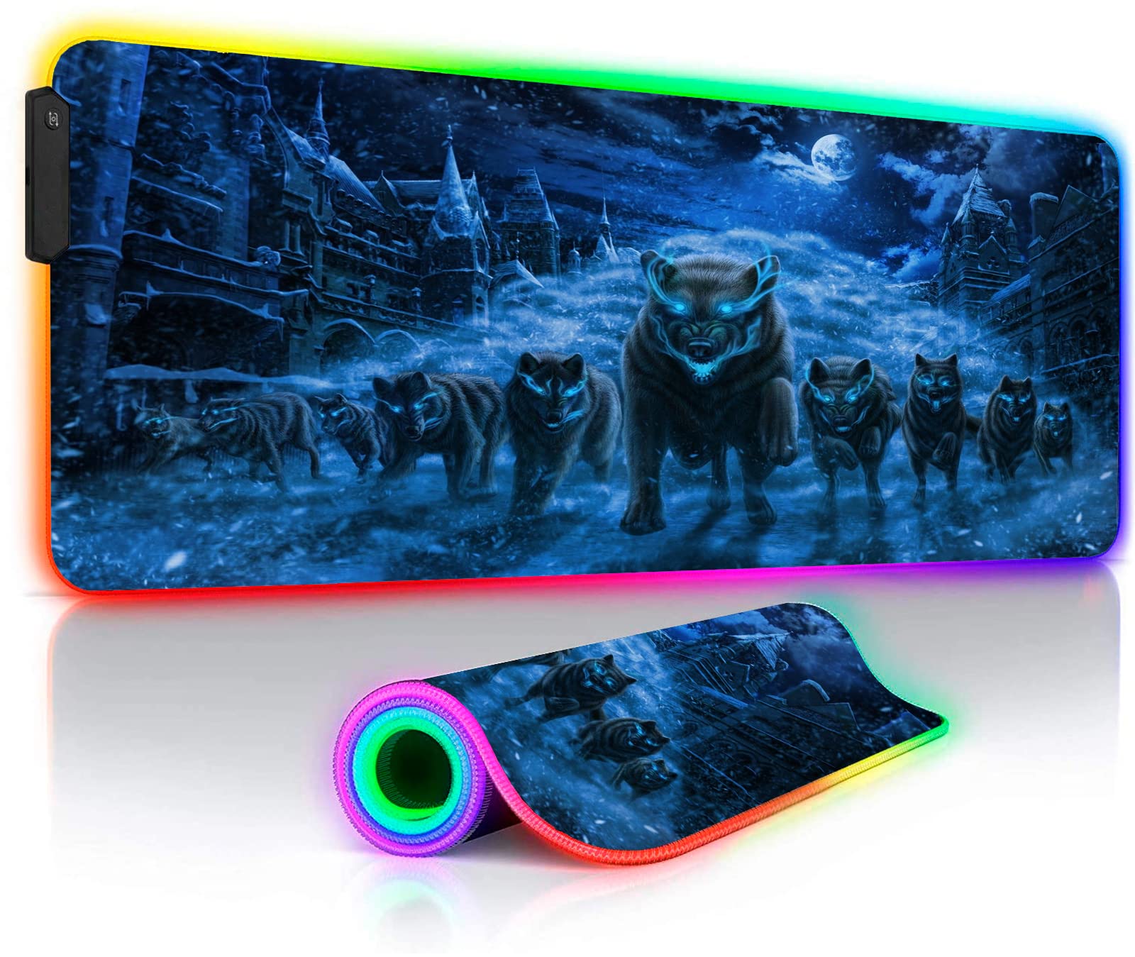 Mouse Pads Wolf Pack Animal LED Light Mousepad RGB Mouse Pad Keyboard Gaming Large Desk Mat Computer Accessories for Gamer PC 23.6 X11.8 Inch
