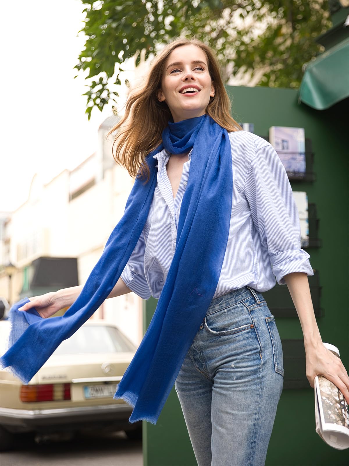 Ovcio Featherlight Sapphire Cashmere Scarf - 100% Pure Cashmere Wrap Scarf for Women (87x39) with Gift Box