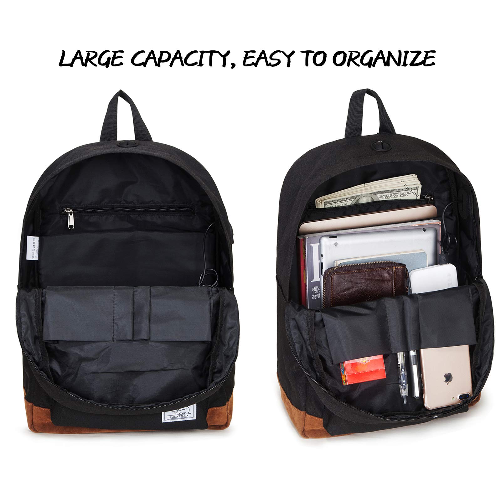 LACATTURA College Backpack, Lightweight Laptop Book Bag, Black
