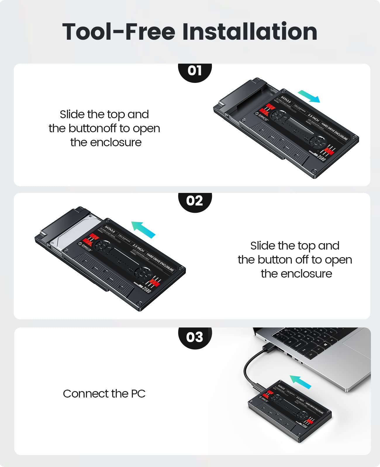 ORICO 2.5'' Hard Drive Enclosure SATA to USB3.0 DIY Sticker External HDD Enclosure for 7/9.5mm HDD SSD, Portable Hard Drive Case with UASP Max 6TB Compatible with Xbox, PS4, Samsung, WD, Seagate