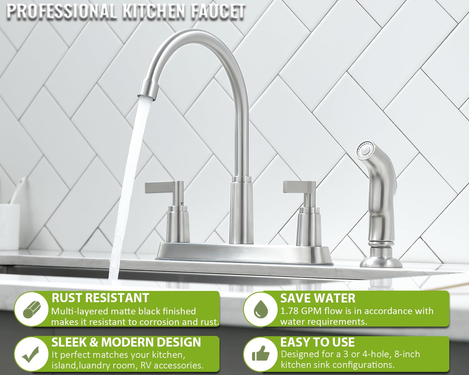 Kitchen Faucet with Sprayer, Brushed Nickel Stainless Steel Kitchen Sink Faucet with Side Sprayer, 3 Hole or 4 Hole Faucet for Kitchen Sink, Commercial RV Laundry Utility Kitchen Faucet KMF023L-1