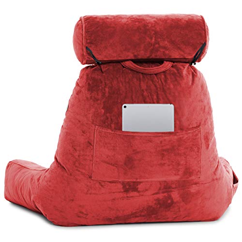 Husband Pillow Combo - Backrest Pillow with Arms : Medium Red & Lap Desk Bed Tray : Pink - Memory Foam Reading Pillows for Bed w/Removable Neck Roll & Laptop Bed Tray Table