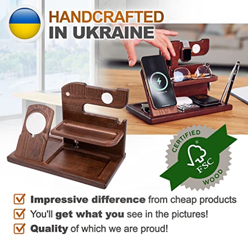 TESLYAR Wood Phone Docking Station Charger Xmas Gifts for Men or Dad for Husband Birthday Wife Nightstand Organizer Key Holder Wallet Solid Ash