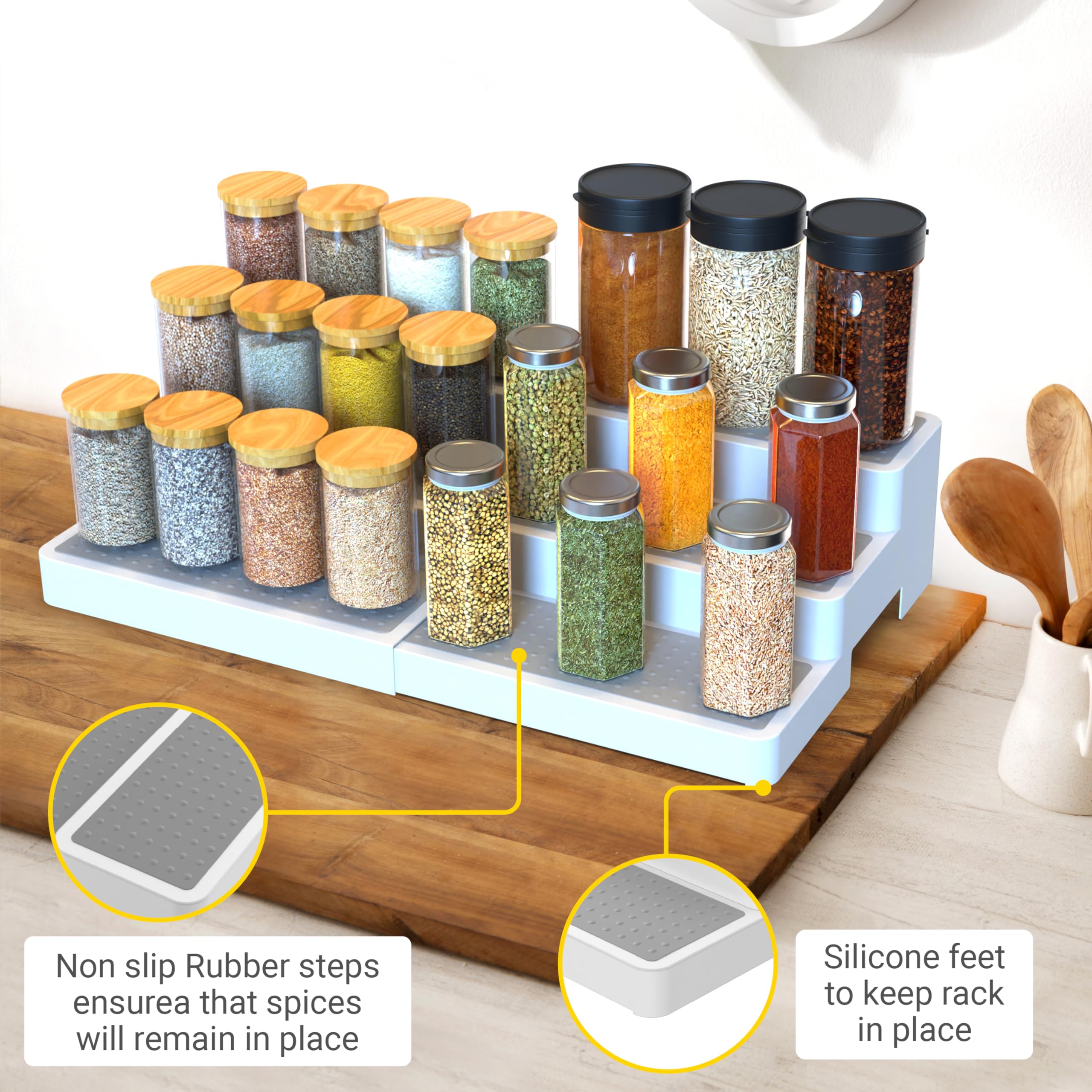 YAN & HIN Pack of 2, 3-Tier Spice Racks, Expandable and Non-Skid, Ideal as Medicine Cabinet Organizer, Kitchen Shelf Pantry Organizer, and Seasoning Organizer, Canned Food Organizer