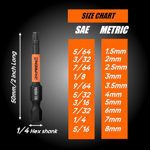 Metric & SAE Hex Head Allen Wrench Drill Bit Set,TEKPREM 20-Piece 1/4 inch Magnetic Tip Hex Screwdriver Bit Set with Rubber Strip and Storage Box, S2 Steel & 2 inch Long