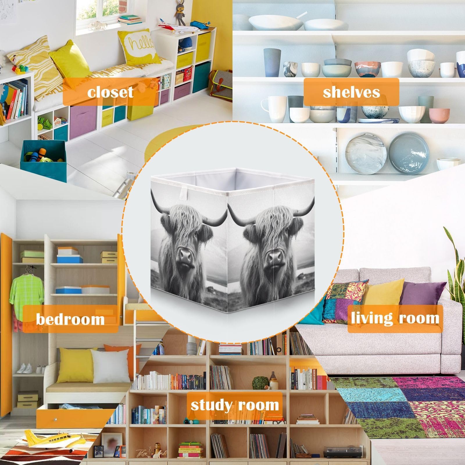 Kigai Storage Basket Highland Cow Foldable Storage Bin 11 X 11 X 11 Inches Cube Storage Baskets Box for Shelves Closet Laundry Nursery Bedroom Home Decor
