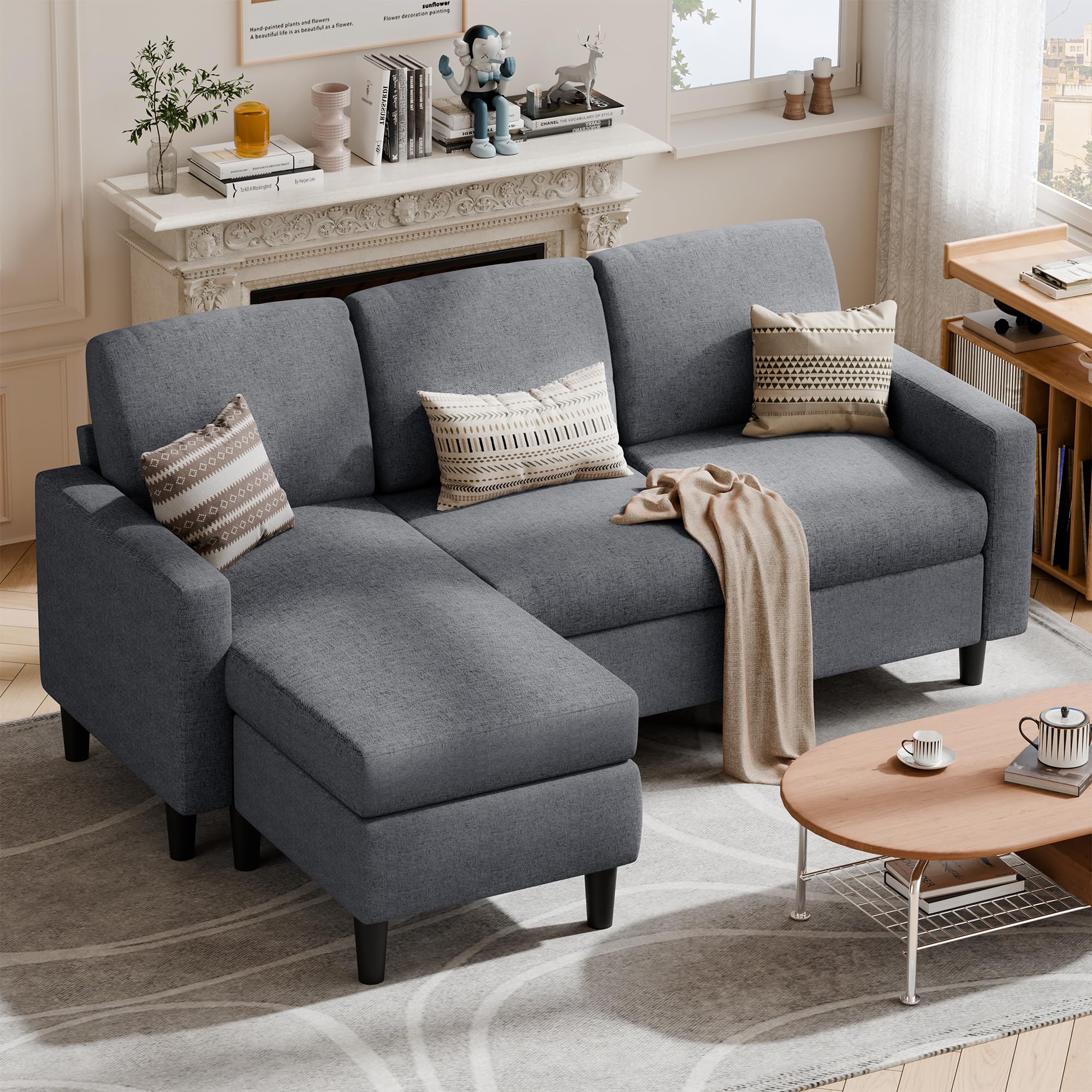 SUNLEI L Shaped Couches for Living Room, Small Sectional Sofa with Reversible Chaise, Convertible Sectional Sofa with Modern Linen Fabric, Space Saving for Apartment(Dark Grey)