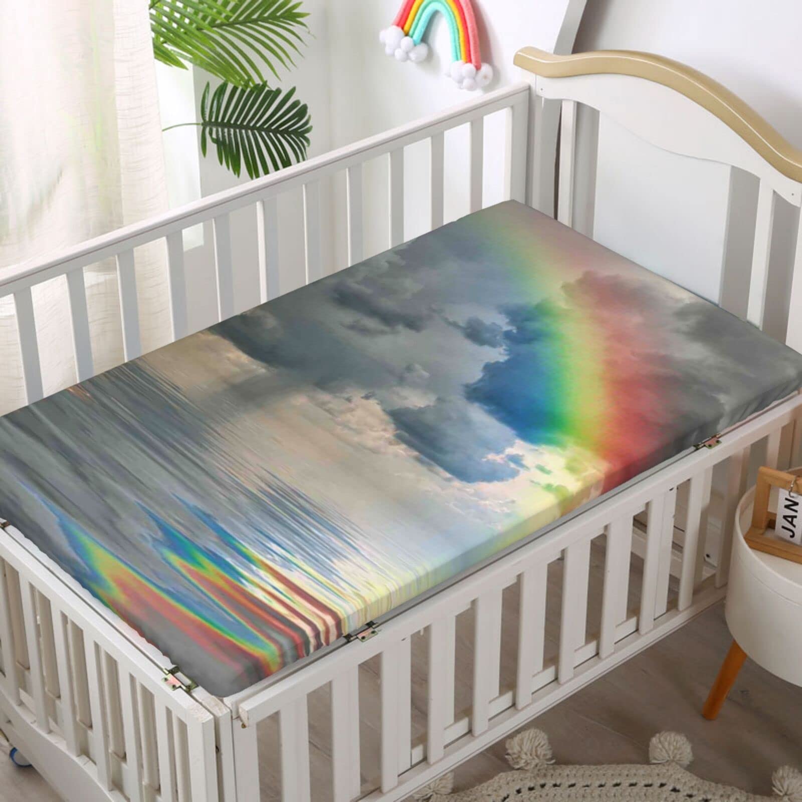 Rainbow Themed Fitted Crib Sheet,Standard Crib Mattress Fitted Sheet Toddler Bed Mattress Sheets-Baby Sheet for Boys Girls,28β x52β,Pale Grey Multicolor