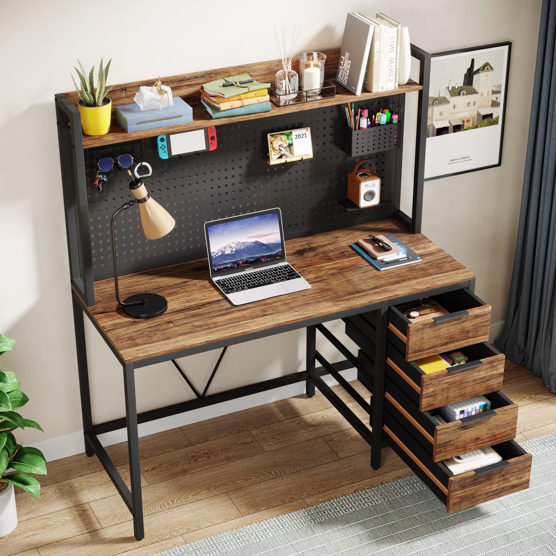 Tribesigns Computer Desk with 4 Drawers, 47 Inches Home Office Desk with Hutch and Storage, Industrial Gaming Desk PC Desk with Pegboard Study Writing Table Workstation for Home Office, Brown & Black