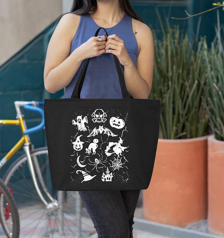 shop4ever Halloween Mash Witch Skull Pumpkin Cat Trick or Treat Heavy Canvas Tote with Zipper Reusable Shopping Bag Black ZIP 1