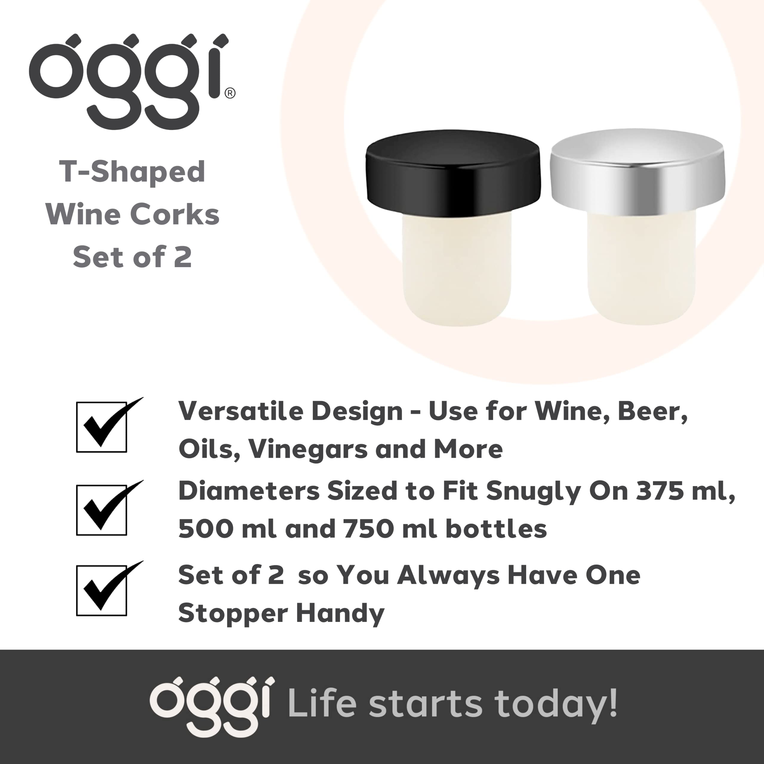 OGGI T-shaped Wine Corks, 2 pcs Wine Bottle Stopper Set, Cork Wine Stoppers for Wine Bottles, Reusable & Low Profile for Wine Beer Bottles DIY Craft (Black, Silver)