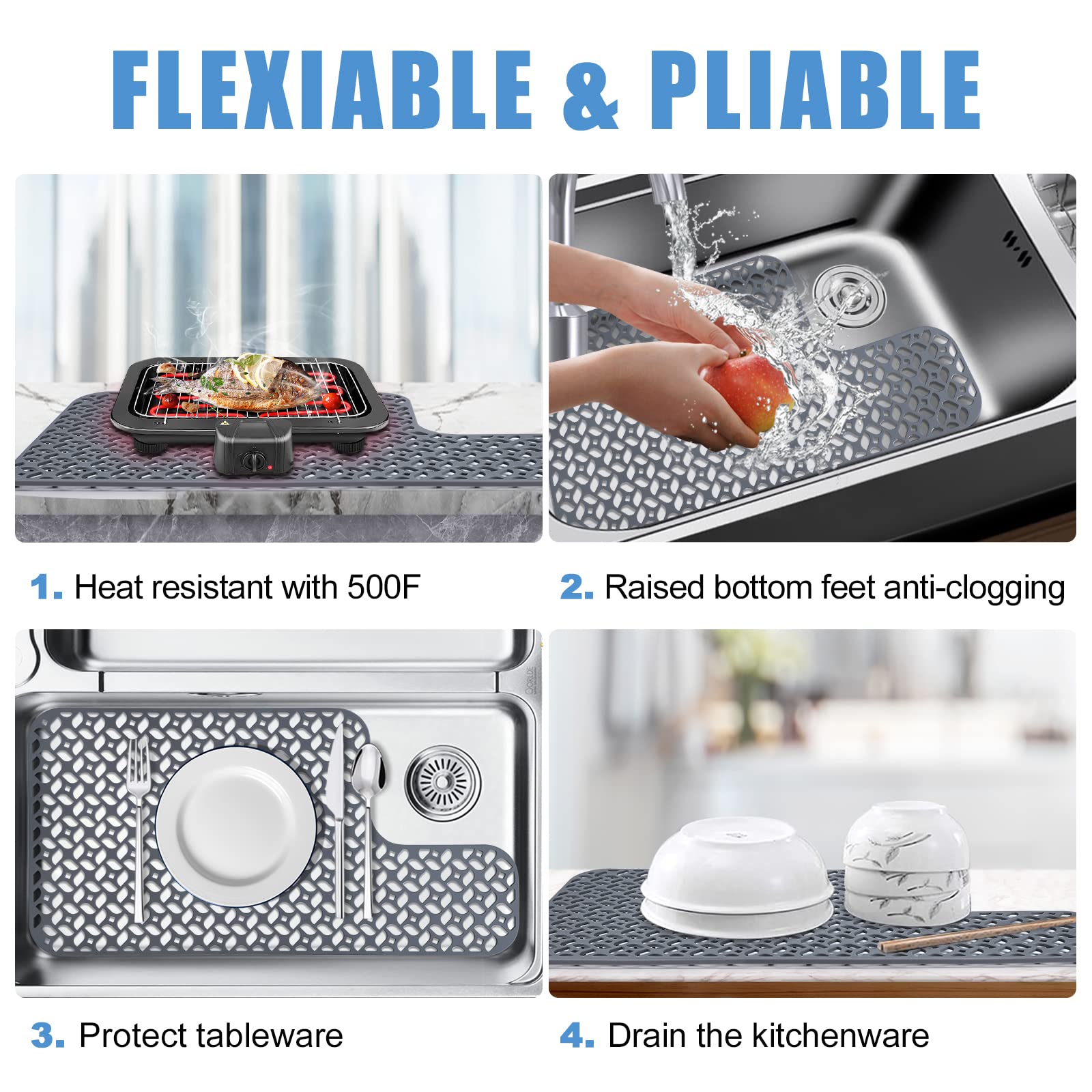 JUSTOGO Silicone Sink Mat, Left & Right Drain Sink Protectors for Kitchen Sink Grid Accessory, 1 PCS Non-slip Sink Mats for Bottom of Kitchen Farmhouse Stainless Steel Porcelain Sink (28.2''x 14.2'')