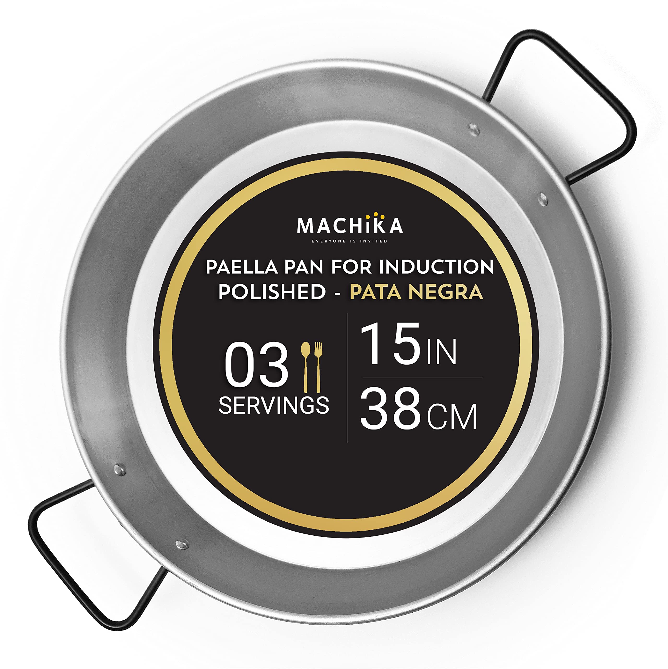 Machika Carbon Steel Pan | Professional Induction Cookware | Premium Polished Skillet for Cooking Mediterranean Food, Steaks & More | Ideal for Restaurants, Catering, Events | 3 Servings | 15 in |