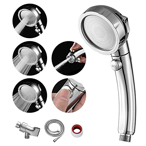 MIAOHUI Modern Handheld Shower Head with On Off Switch, High Pressure Shower Head with Handheld, 3 Spray Settings Removable Shower Head with Hose, Angle Adjustable Shower Bracket, Teflon Tape (Chrome)