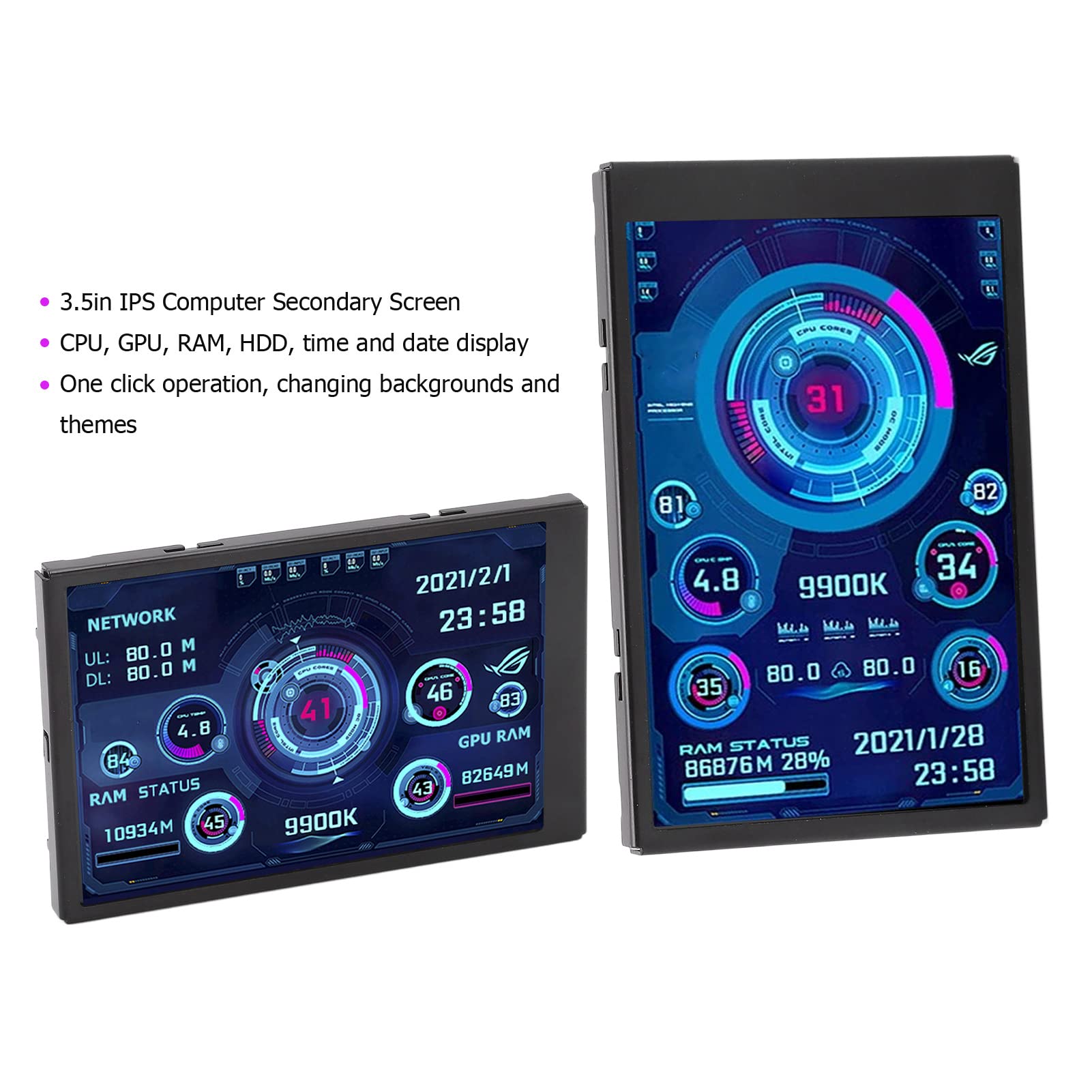 PC Secondary Screen, USB Connection Visual Theme Editing CPU GPU RAM HDD Time Date 3.5 inch IPS Data Monitor for Electronic Devices