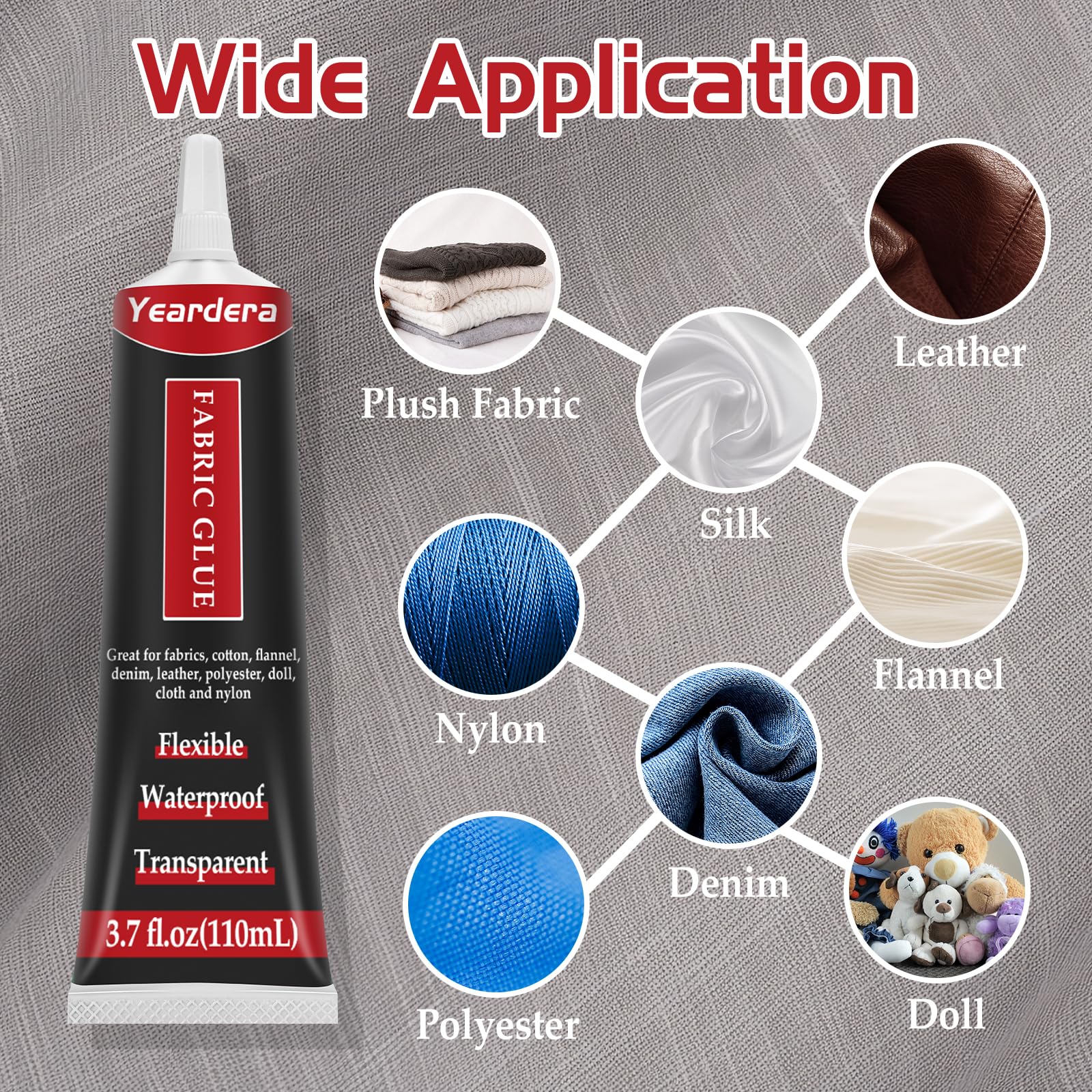 Yeardera Fabric Glue, 110ml Clear Fabric Glue for Clothing Permanent Washable, Fabric Fusion Glue for All Fabrics, Clothes, Leather, Cotton, Flannel, Denim, Polyester, Doll Repair