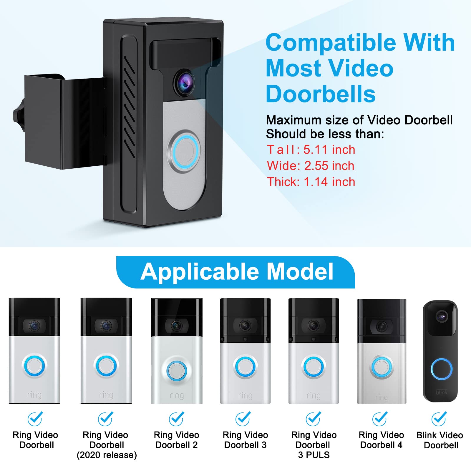 ODSD Anti-Theft Video Doorbell Mount, No-Drill Doorbell Mount, Not Block Doorbell Motion Sensor, Adjustable Mounting Bracket Kits for Apartment Home Renters Coal Black