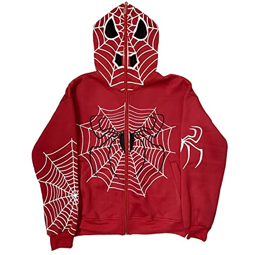 Passec Women Y2K Zip Up Hoodie Spider Web Graphic Print Oversized Sweatshirt Skeleton Jackets Aesthetic Gothic Streetwear
