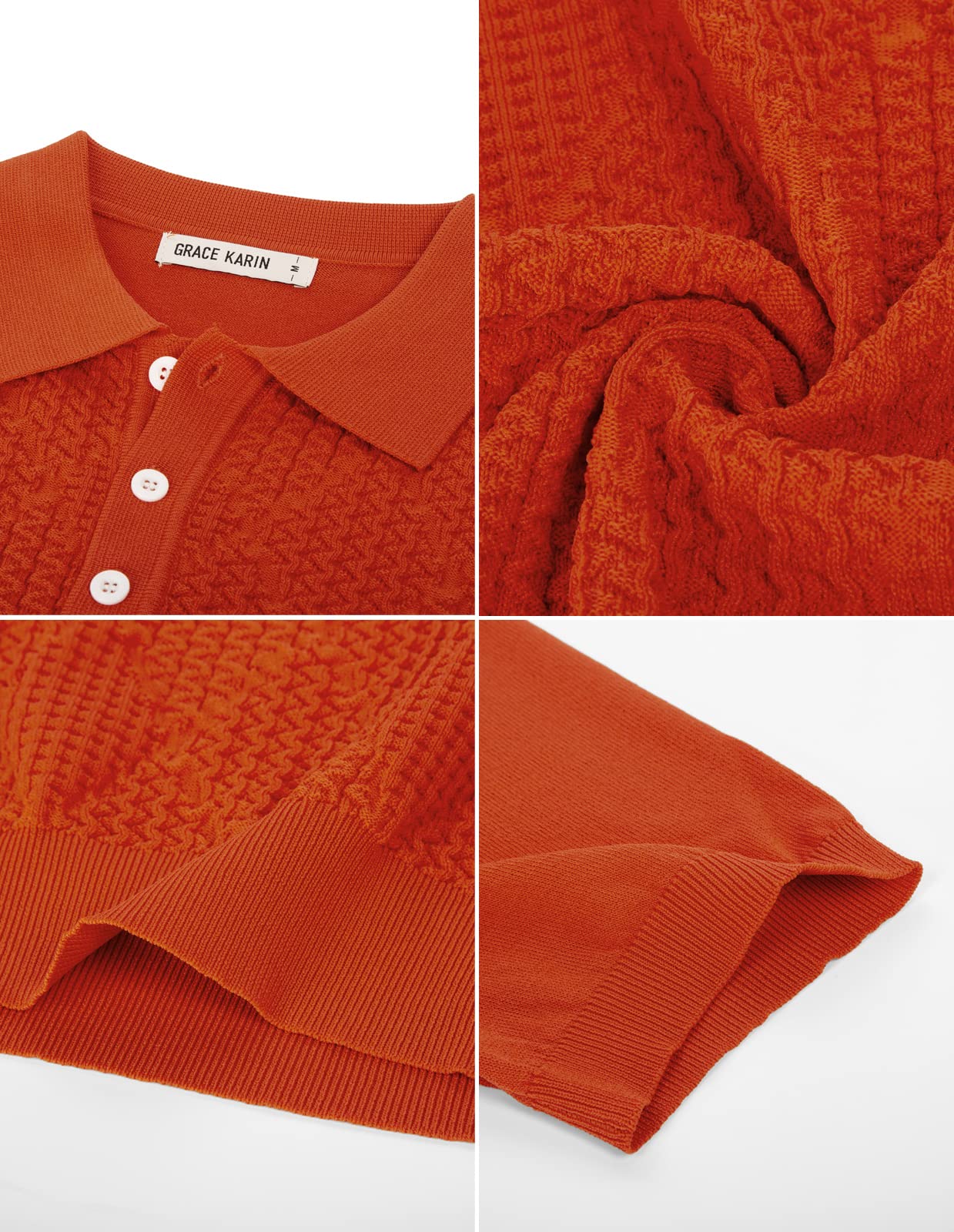 Mens Texture Knit Polo Shirt Vintage Casual Button Down Golf Shirt Orange Red L